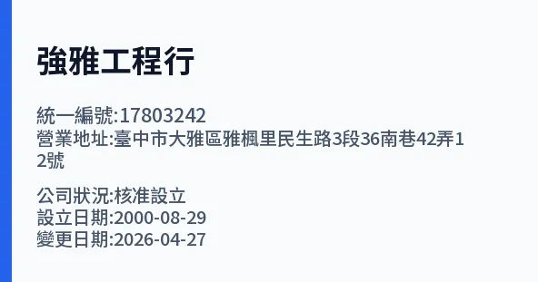 強雅工程行的照片-統編 17803242(臺中市) 公司登記資料與營業項目詳細圖表