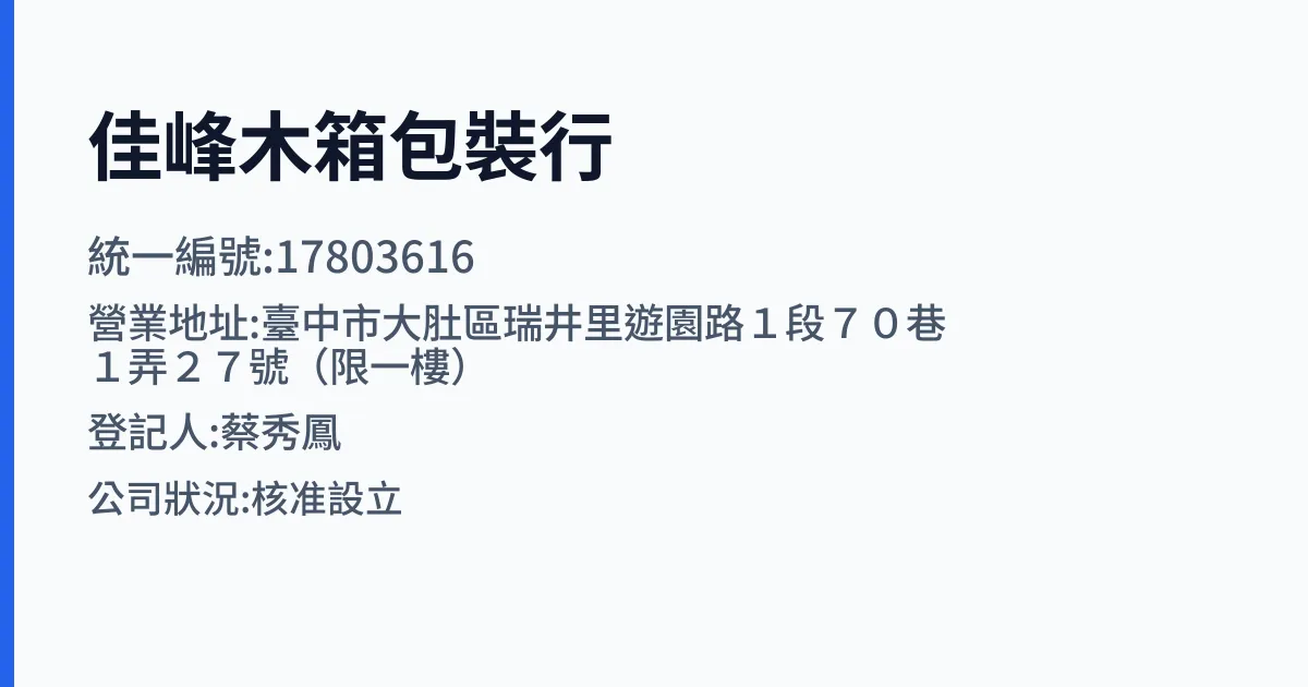 佳峰木箱包裝行 - 統編 17803616(臺中市) 公司登記資料與營業項目詳細圖表