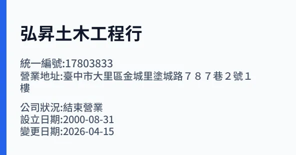 弘昇土木工程行的照片-統編 17803833(臺中市) 公司登記資料與營業項目詳細圖表