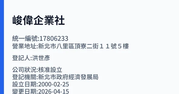 峻偉企業社的照片-統編 17806233(新北市) 公司登記資料與營業項目詳細圖表