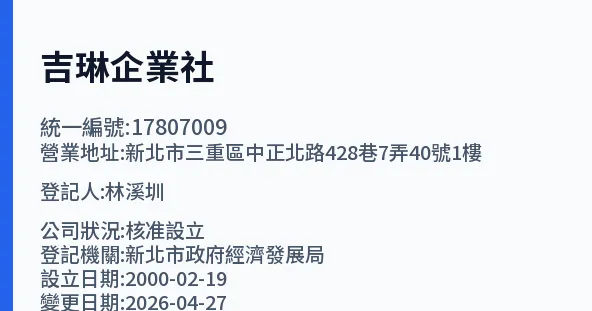 吉琳企業社的照片-統編 17807009(新北市) 公司登記資料與營業項目詳細圖表