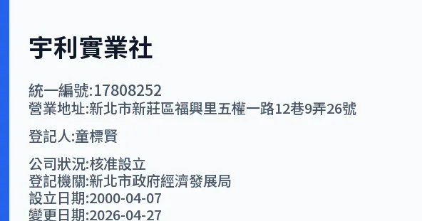 宇利實業社的照片-統編 17808252(新北市) 公司登記資料與營業項目詳細圖表
