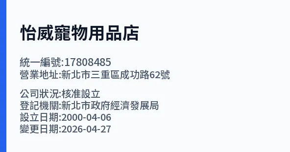 怡威寵物用品店的照片-統編 17808485(新北市) 公司登記資料與營業項目詳細圖表
