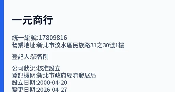 一元商行的照片-統編 17809816(新北市) 公司登記資料與營業項目詳細圖表