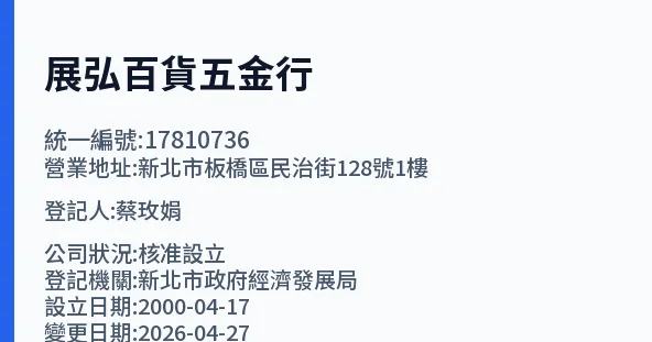 展弘百貨五金行的照片-統編 17810736(新北市) 公司登記資料與營業項目詳細圖表