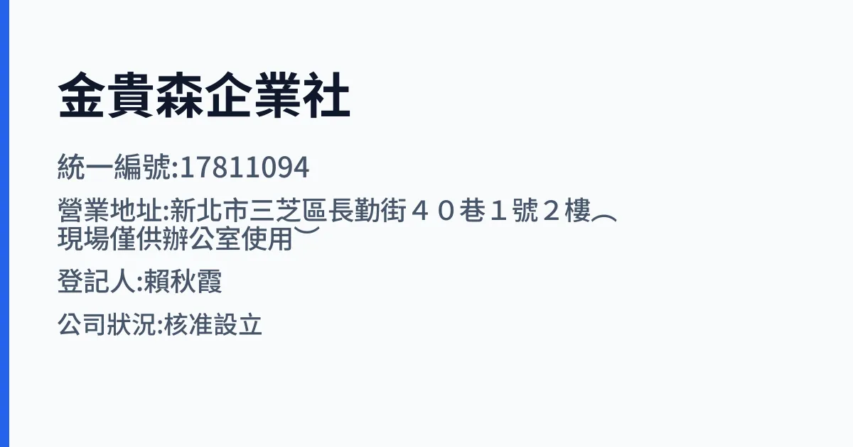 金貴森企業社 - 統編 17811094(新北市) 公司登記資料與營業項目詳細圖表