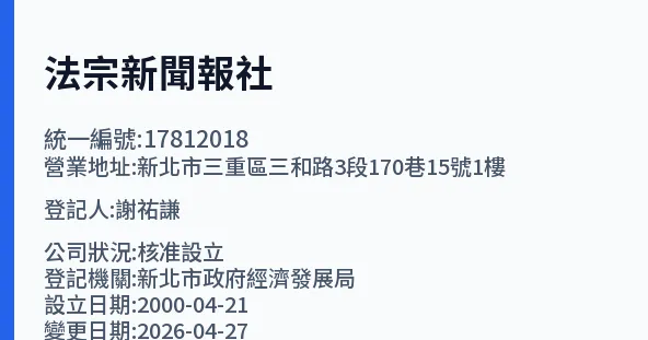 法宗新聞報社的照片-統編 17812018(新北市) 公司登記資料與營業項目詳細圖表