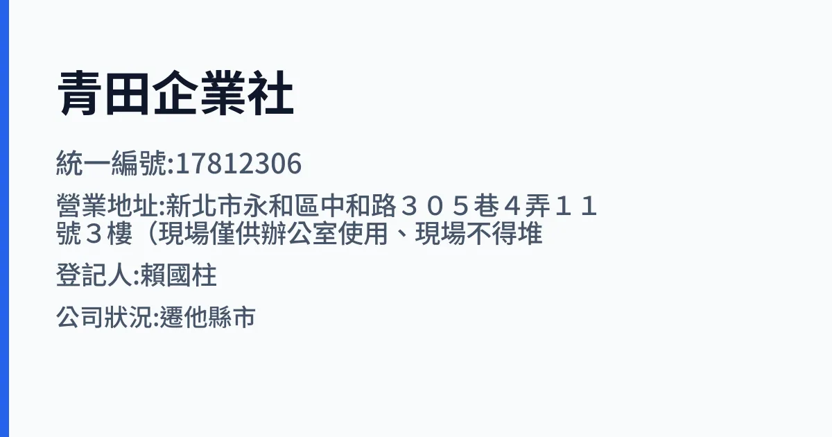 青田企業社 - 統編 17812306（臺南市） 公司登記資料與營業項目詳細圖表
