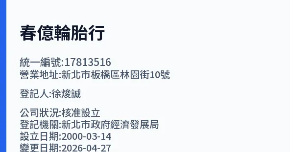 春億輪胎行的照片-統編 17813516(新北市) 公司登記資料與營業項目詳細圖表