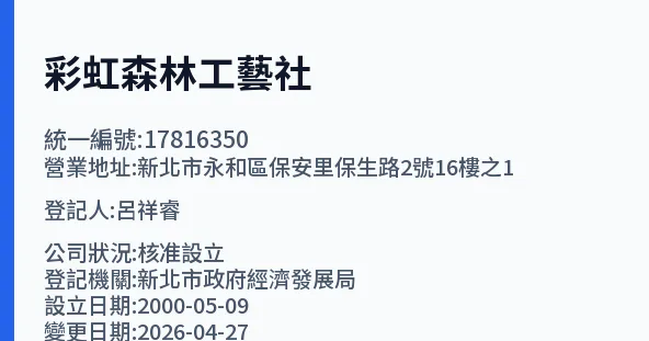 彩虹森林工藝社的照片-統編 17816350(新北市) 公司登記資料與營業項目詳細圖表
