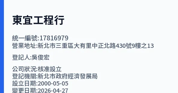 東宜工程行的照片-統編 17816979(新北市) 公司登記資料與營業項目詳細圖表
