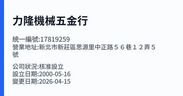 力隆機械五金行的照片-統編 17819259(新北市) 公司登記資料與營業項目詳細圖表
