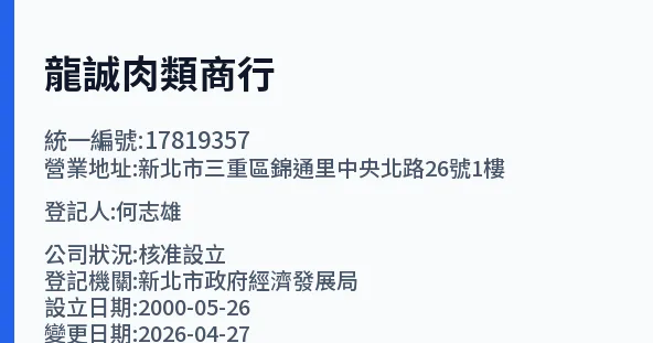 龍誠肉類商行的照片-統編 17819357(新北市) 公司登記資料與營業項目詳細圖表