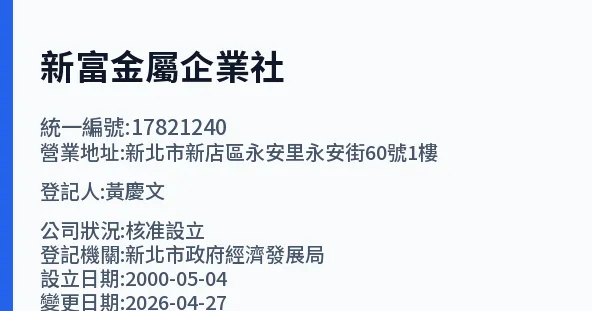 新富金屬企業社的照片-統編 17821240(新北市) 公司登記資料與營業項目詳細圖表