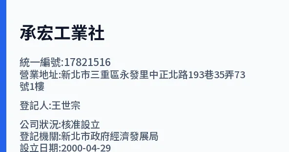 承宏工業社的照片-統編 17821516(新北市) 公司登記資料與營業項目詳細圖表