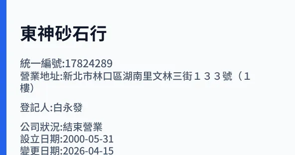 東神砂石行的照片-統編 17824289(新北市) 公司登記資料與營業項目詳細圖表