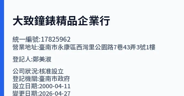 大致鐘錶精品企業行的照片-統編 17825962(臺南市) 公司登記資料與營業項目詳細圖表