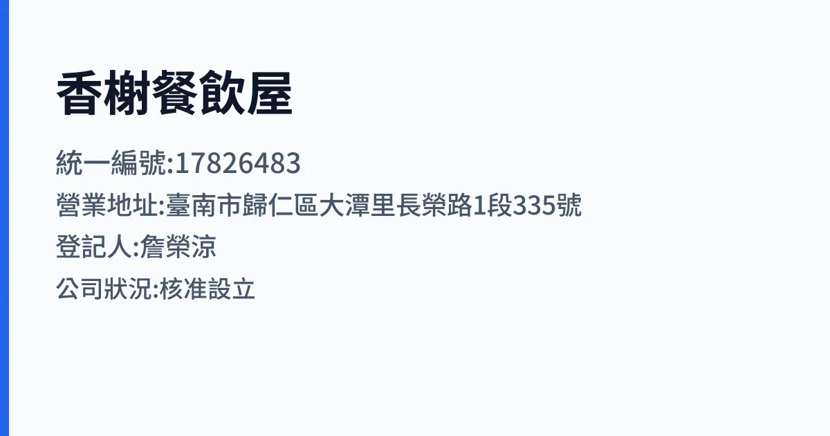 香榭餐飲屋 - 統編 17826483(臺南市) 公司登記資料與營業項目詳細圖表
