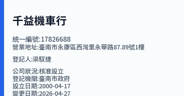千益機車行的照片-統編 17826688(臺南市) 公司登記資料與營業項目詳細圖表