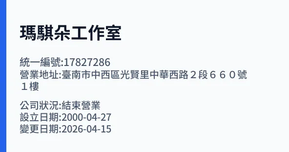 瑪騏朵工作室的照片-統編 17827286(臺南市) 公司登記資料與營業項目詳細圖表