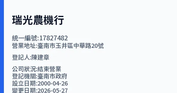 瑞光農機行的照片-統編 17827482(臺南市) 公司登記資料與營業項目詳細圖表