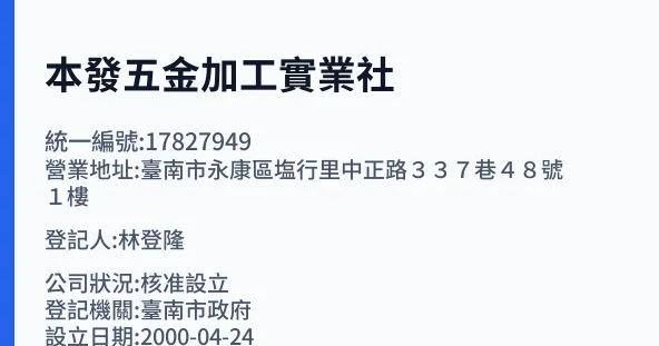 本發五金加工實業社的照片-統編 17827949(臺南市) 公司登記資料與營業項目詳細圖表