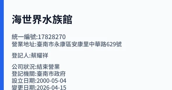 海世界水族館的照片-統編 17828270(臺南市) 公司登記資料與營業項目詳細圖表