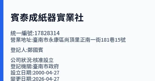 賓泰成紙器實業社的照片-統編 17828314(臺南市) 公司登記資料與營業項目詳細圖表