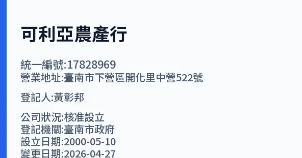 可利亞農產行的照片-統編 17828969(臺南市) 公司登記資料與營業項目詳細圖表