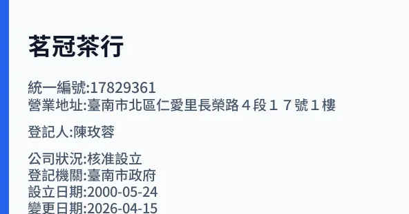 茗冠茶行的照片-統編 17829361(臺南市) 公司登記資料與營業項目詳細圖表