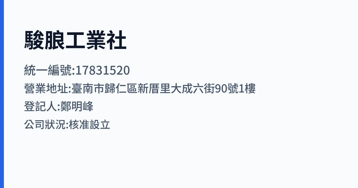 駿朖工業社 - 統編 17831520(臺南市) 公司登記資料與營業項目詳細圖表