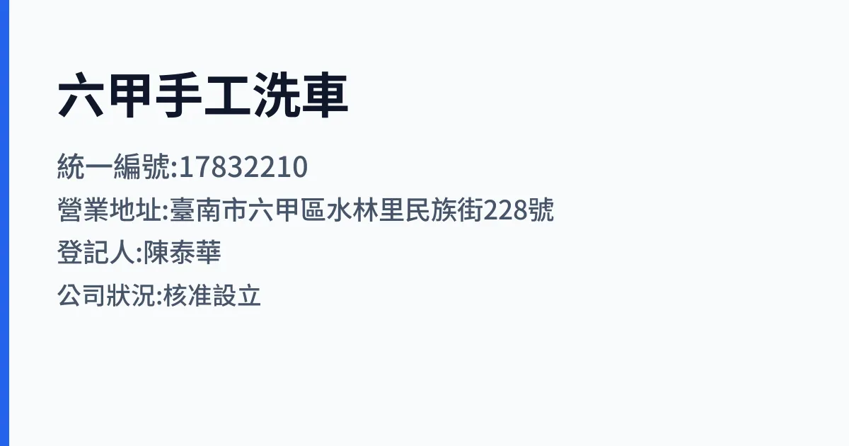 六甲手工洗車 - 統編 17832210(臺南市) 公司登記資料與營業項目詳細圖表