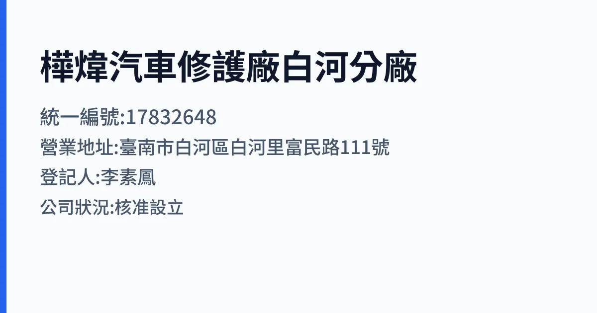 樺煒汽車修護廠白河分廠 - 統編 17832648(臺南市) 公司登記資料與營業項目詳細圖表