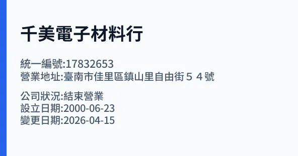 千美電子材料行的照片-統編 17832653(臺南市) 公司登記資料與營業項目詳細圖表