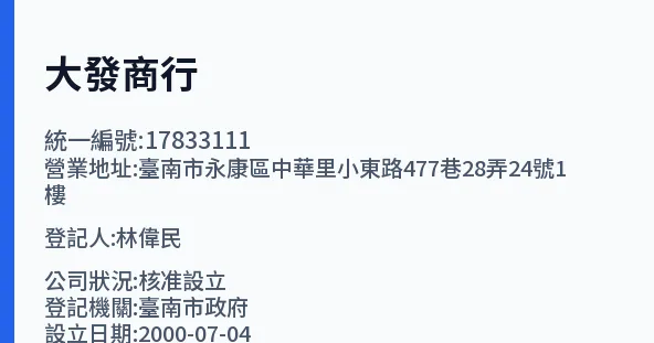大發商行的照片-統編 17833111(臺南市) 公司登記資料與營業項目詳細圖表