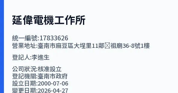 延偉電機工作所的照片-統編 17833626(臺南市) 公司登記資料與營業項目詳細圖表
