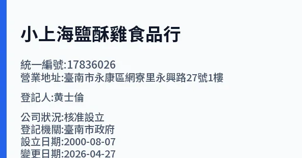 小上海鹽酥雞食品行的照片-統編 17836026(臺南市) 公司登記資料與營業項目詳細圖表