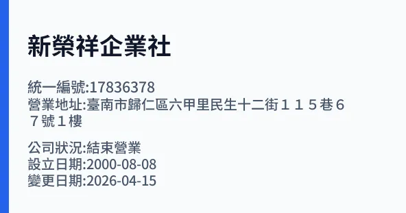 新榮祥企業社的照片-統編 17836378(臺南市) 公司登記資料與營業項目詳細圖表