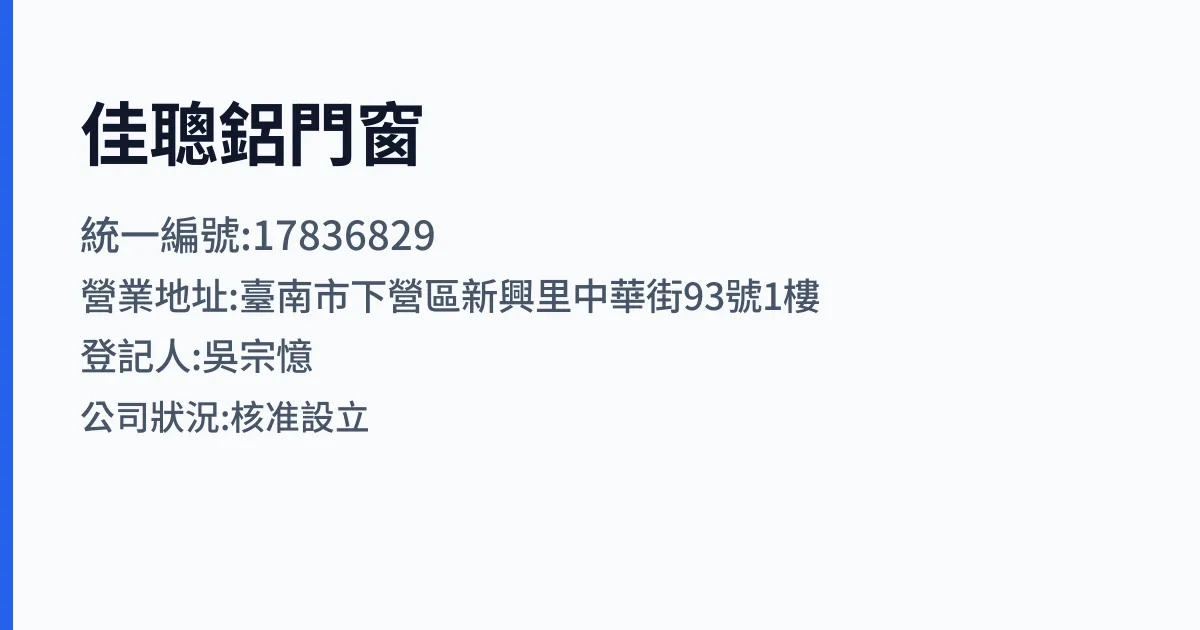 佳聰鋁門窗 - 統編 17836829(臺南市) 公司登記資料與營業項目詳細圖表