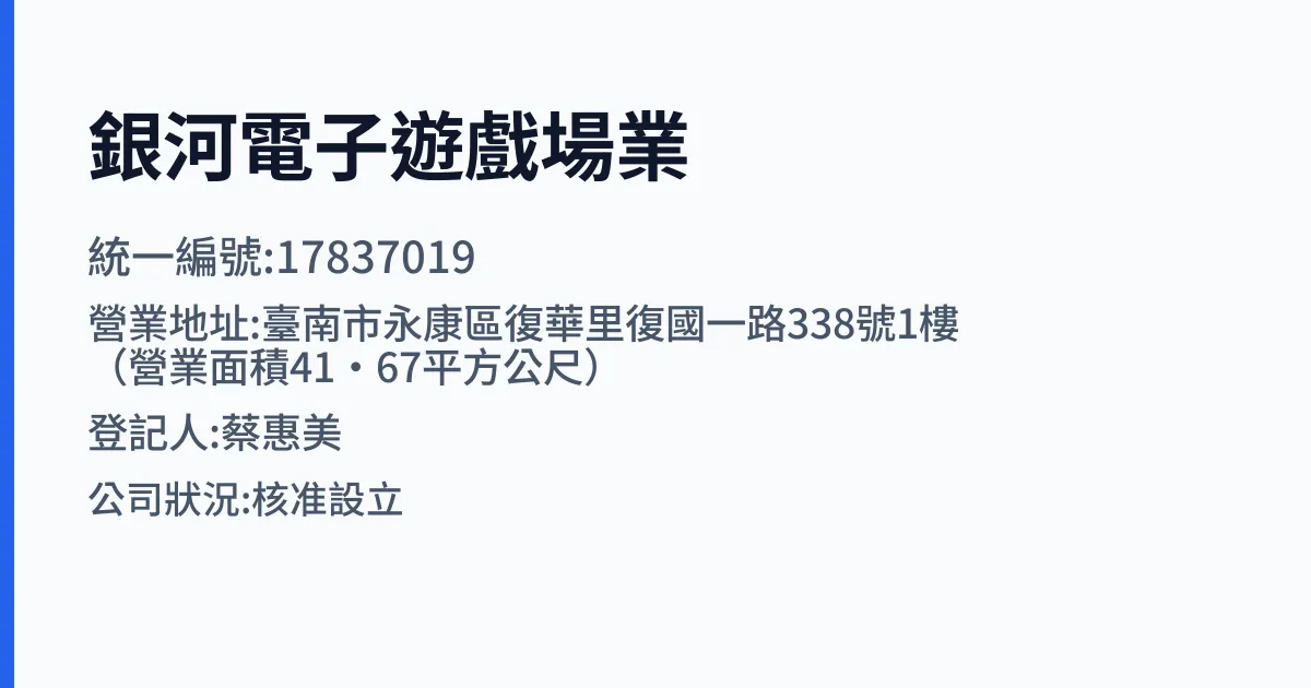 銀河電子遊戲場業 - 統編 17837019(臺南市) 公司登記資料與營業項目詳細圖表