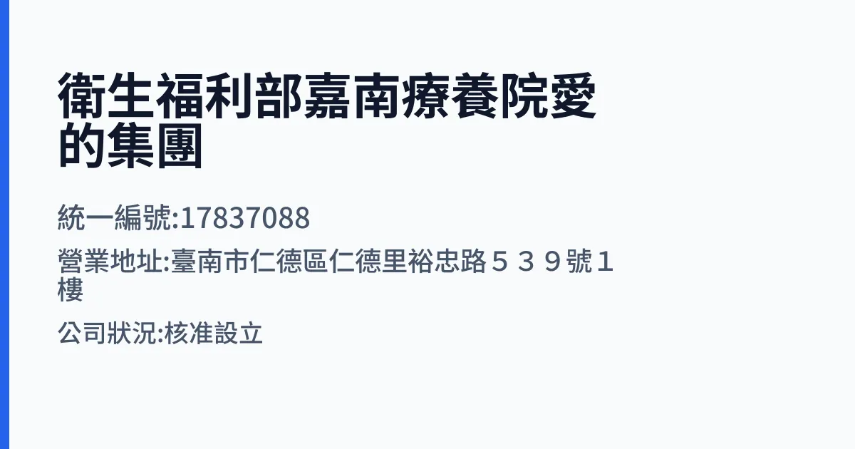 衛生福利部嘉南療養院愛的集團 - 統編 17837088(臺南市) 公司登記資料與營業項目詳細圖表