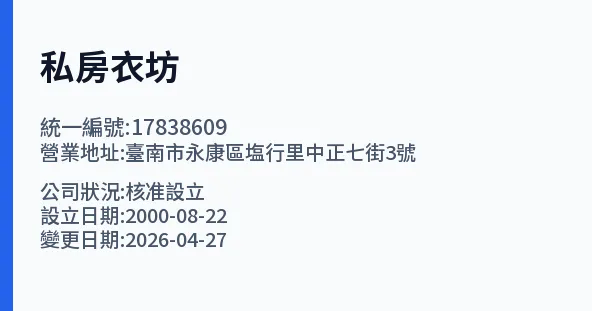 私房衣坊的照片-統編 17838609(臺南市) 公司登記資料與營業項目詳細圖表