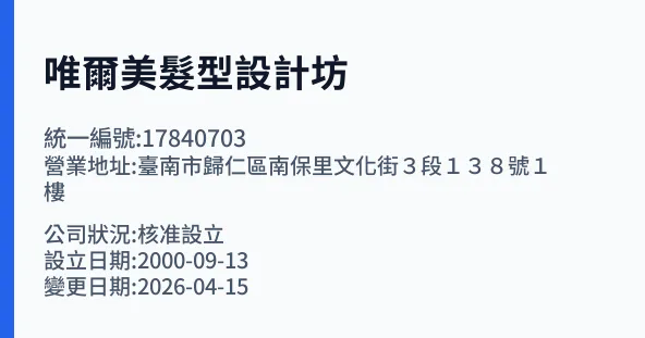 唯爾美髮型設計坊的照片-統編 17840703(臺南市) 公司登記資料與營業項目詳細圖表