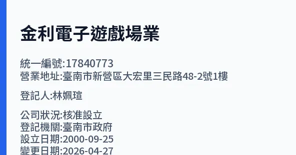 金利電子遊戲場業的照片-統編 17840773(臺南市) 公司登記資料與營業項目詳細圖表