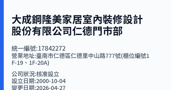 大成鋼隆美家居室內裝修設計股份有限公司仁德門市部的照片-統編 17842272(臺南市) 公司登記資料與營業項目詳細圖表