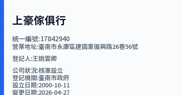 上豪傢俱行的照片-統編 17842940(臺南市) 公司登記資料與營業項目詳細圖表