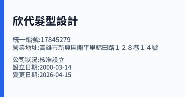 欣代髮型設計的照片-統編 17845279(高雄市) 公司登記資料與營業項目詳細圖表