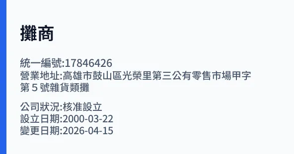 攤商的照片-統編 17846426(高雄市) 公司登記資料與營業項目詳細圖表