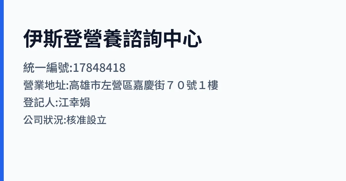 伊斯登營養諮詢中心 - 統編 17848418(高雄市) 公司登記資料與營業項目詳細圖表
