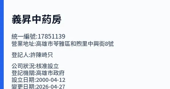 義昇中葯房的照片-統編 17851139(高雄市) 公司登記資料與營業項目詳細圖表